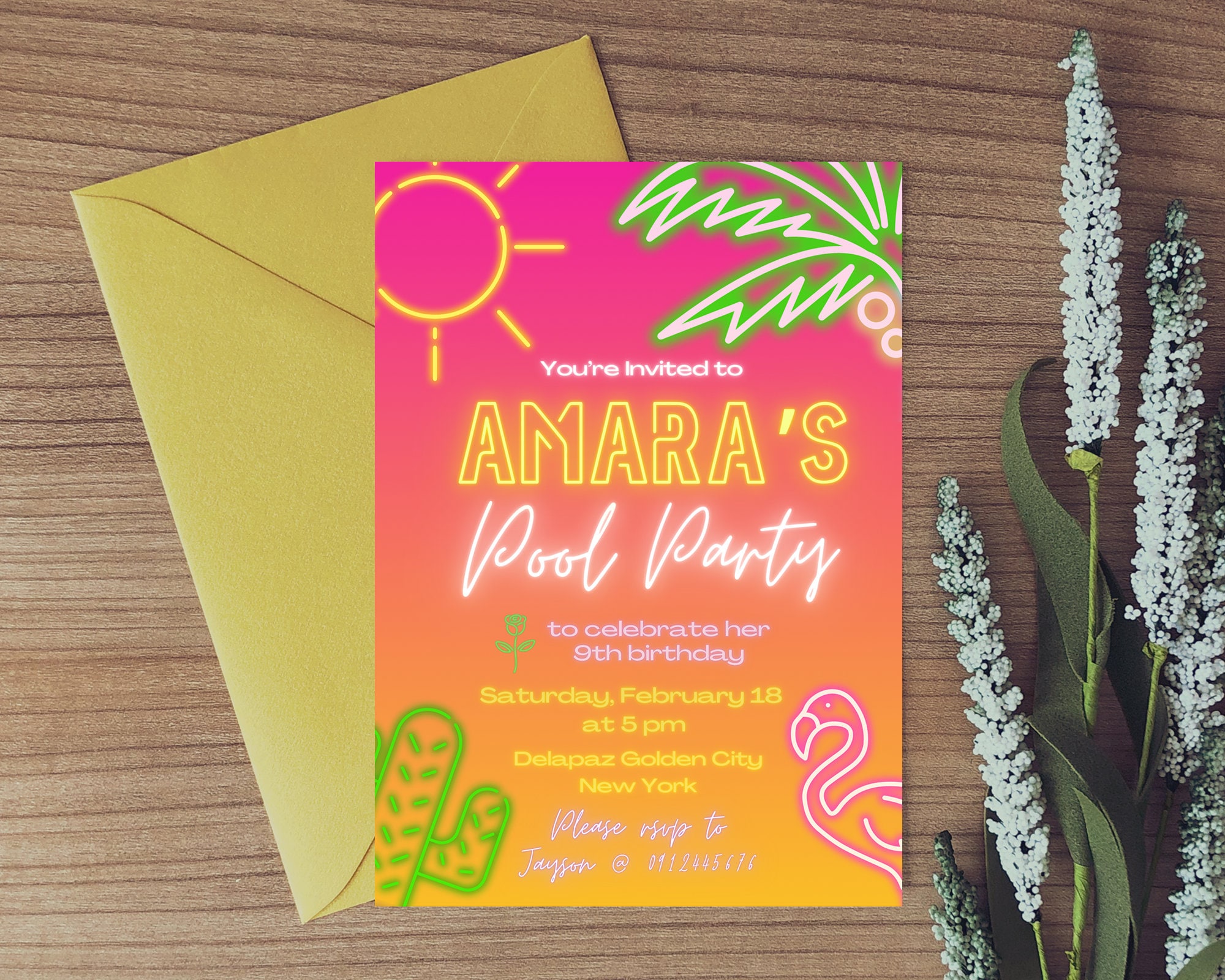 Pool Party Neon Pink Invitation Canva Template - Etsy