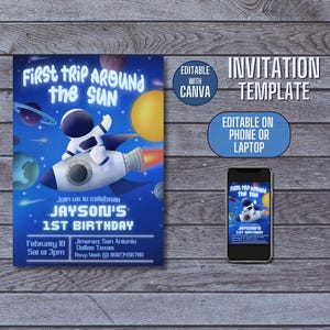 First Trip Around the Sun Outer Space Blast off 1st Birthday Editable ...