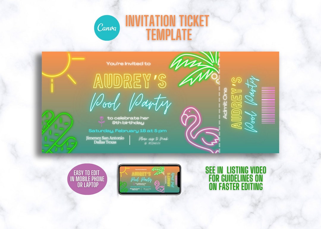 Pool Party Neon Digital Ticket Editable Birthday Invitation - Etsy