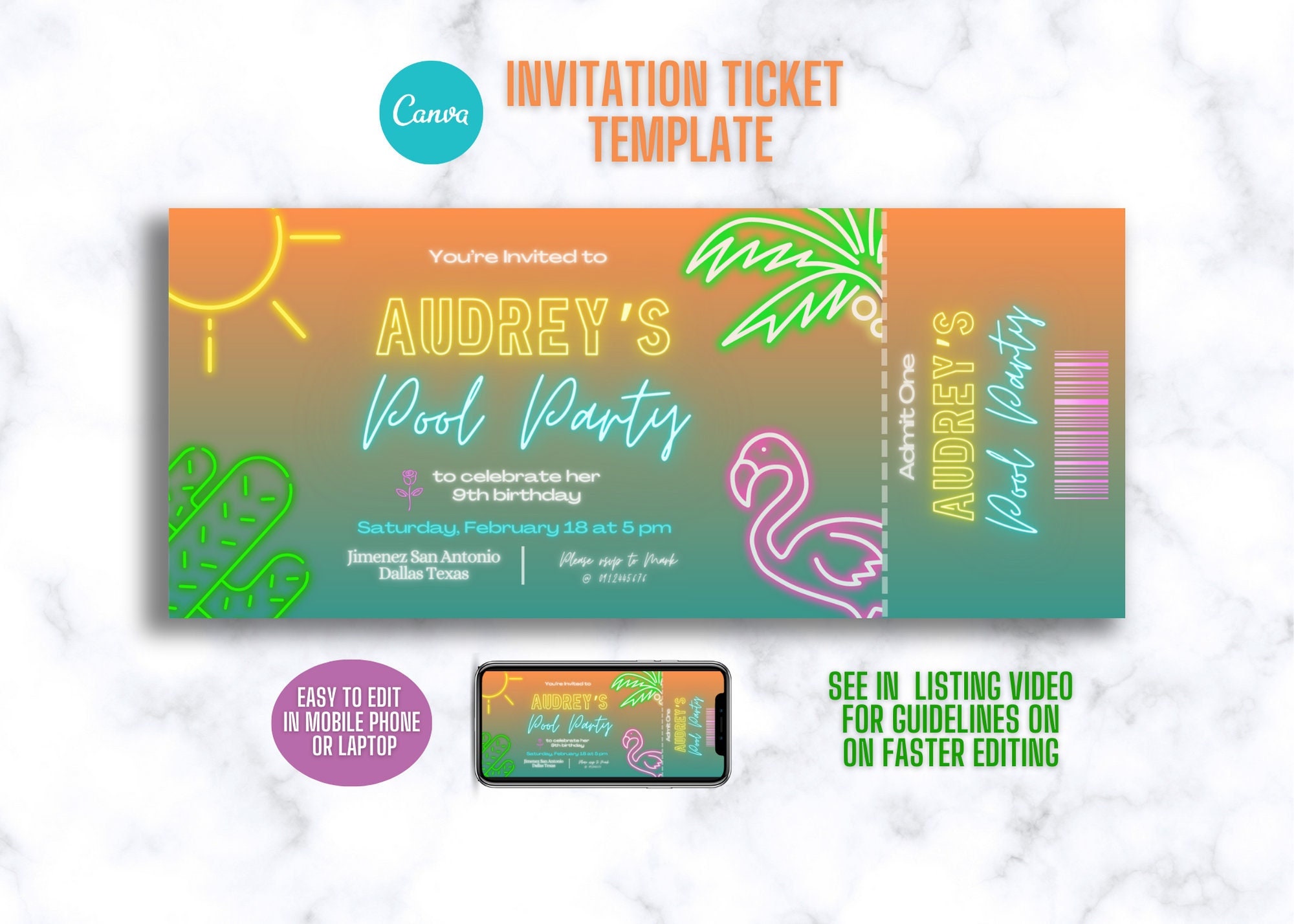 Pool Party Neon Digital Ticket Editable Birthday Invitation - Etsy