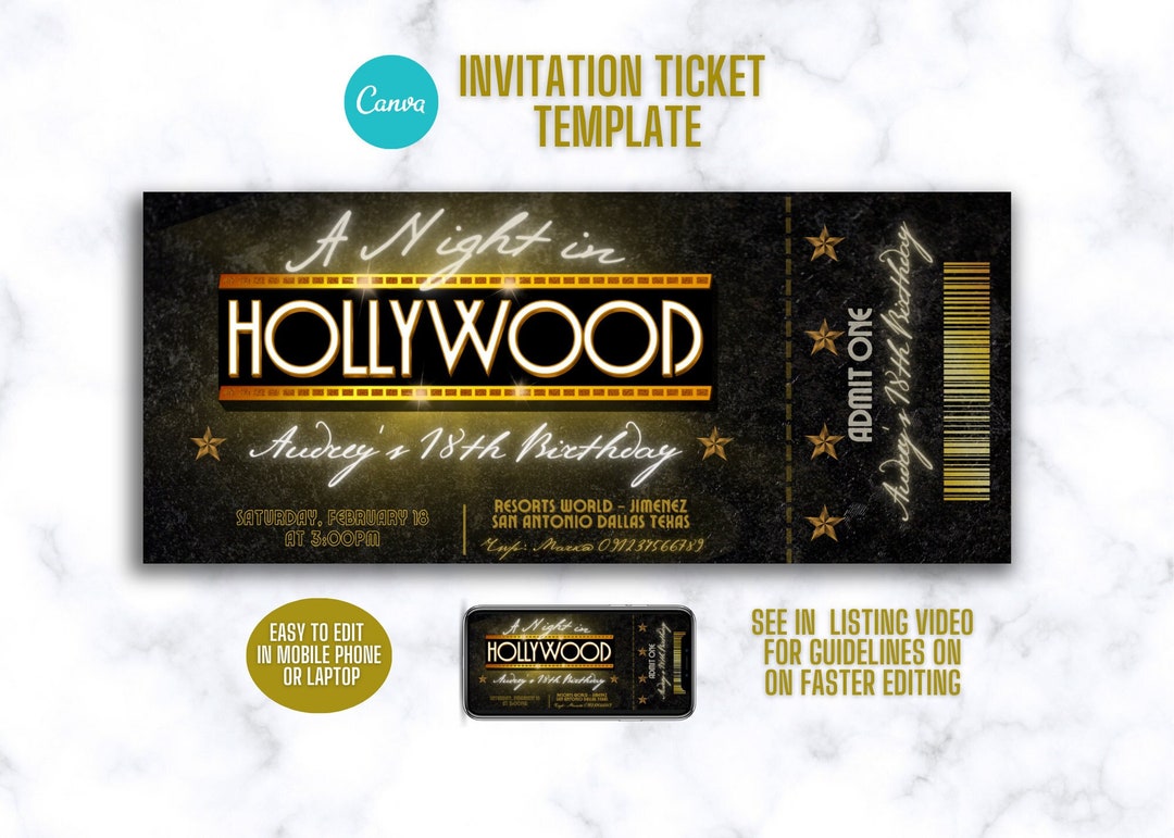 Hollywood Party Digital Ticket Editable Birthday Invitation - Etsy