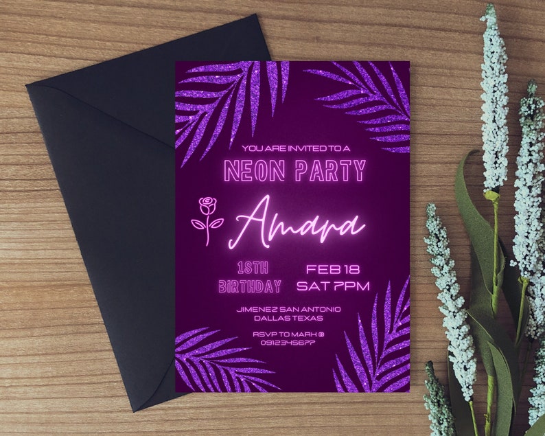 Neon Party Invitation Canva Template - Etsy