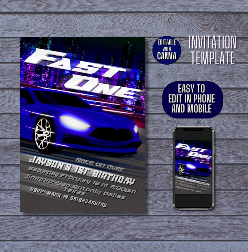 Fast One - Racing - Car - Digital Invitation - Canva Template - Etsy