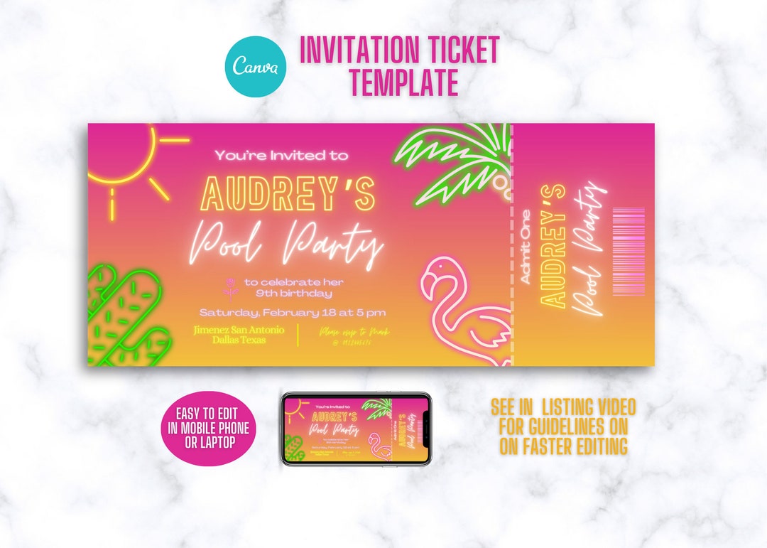 Pool Party Pink Neon Digital Ticket Editable Birthday - Etsy