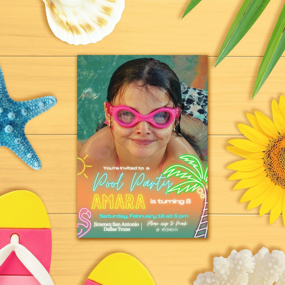 Pool Party Neon Invitation With Picture Minimalist Digital Invitation ...
