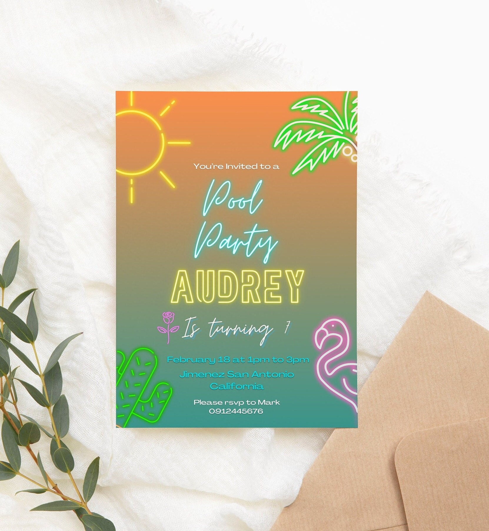 Pool Party Neon Invitation Canva Template - Etsy