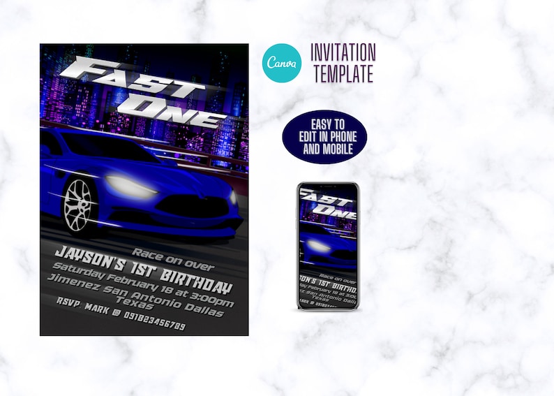 Fast One Racing Car Digital Invitation Canva Template - Etsy