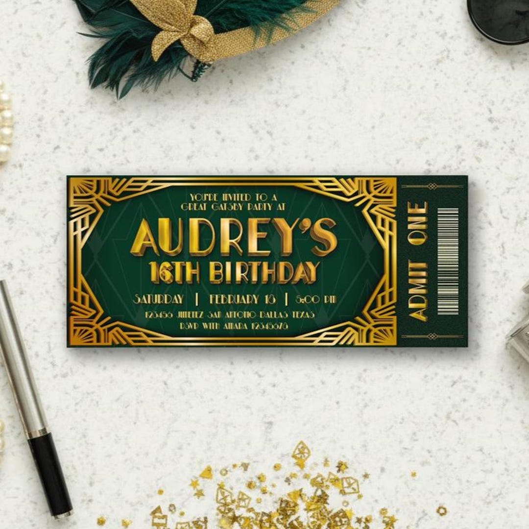 Roaring 1920s Gatsby Birthday Party Ticket Invitation - Personalized ...