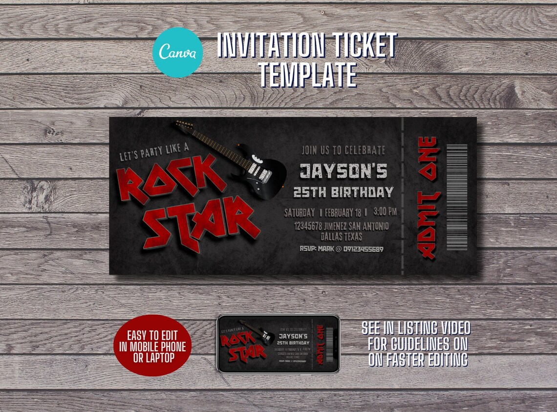 Rockstar Birthday Theme Rocker Digital Editable Invitation Canva ...