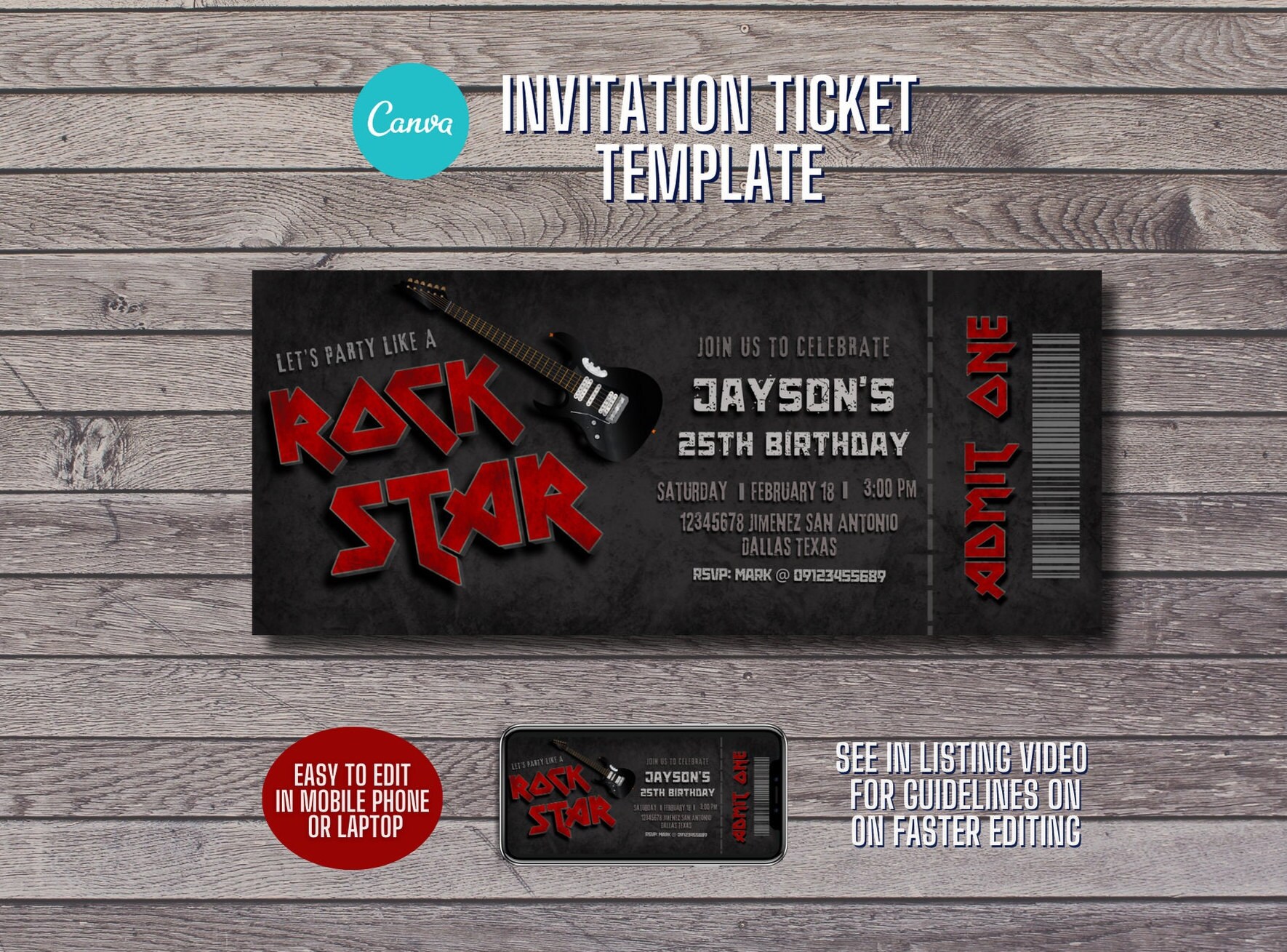 Rockstar Birthday Theme Rocker Digital Editable Invitation Canva ...