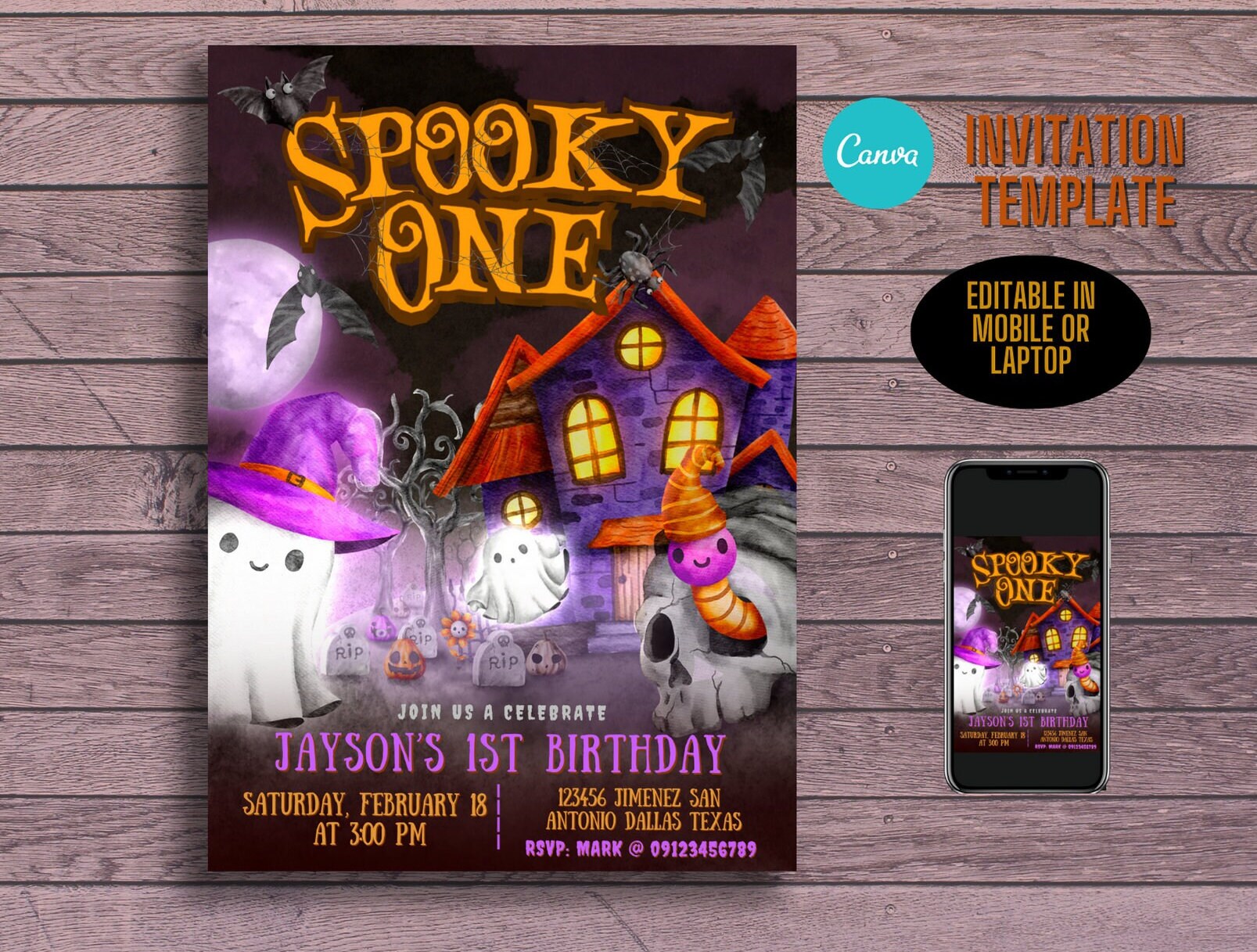 Spooky One Digital Editable Invitation Canva Template Halloween First ...