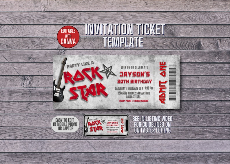 Rockstar Birthday Theme - Rocker Digital Editable Invitation Canva ...
