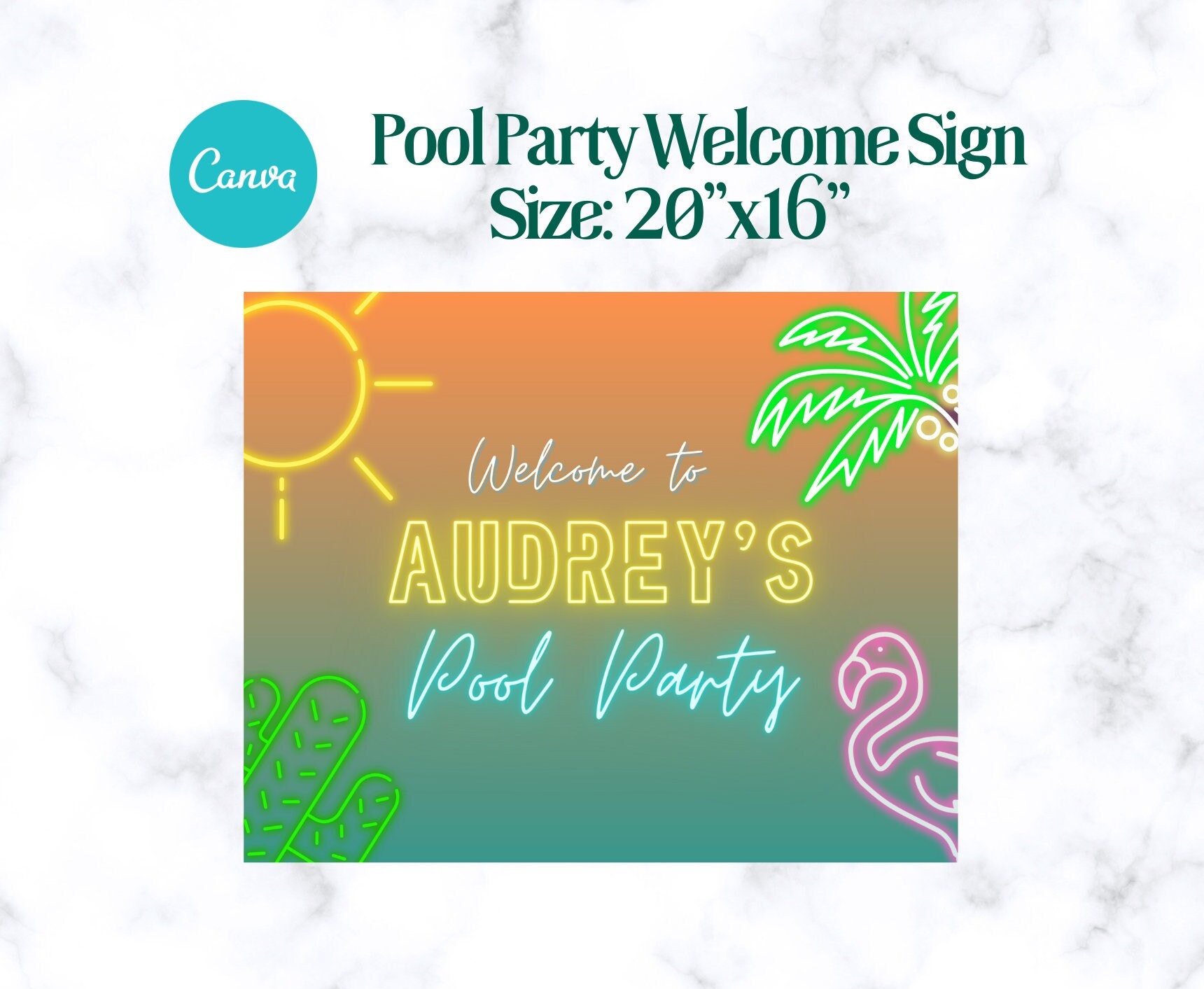 Pool Party Neon Welcome Sign Digital Canva Template - Etsy