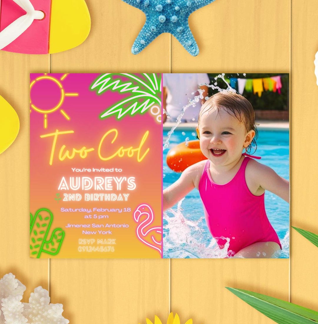 Two Cool Tropical Neon Pink Pool Party Digital Editable Landscape ...