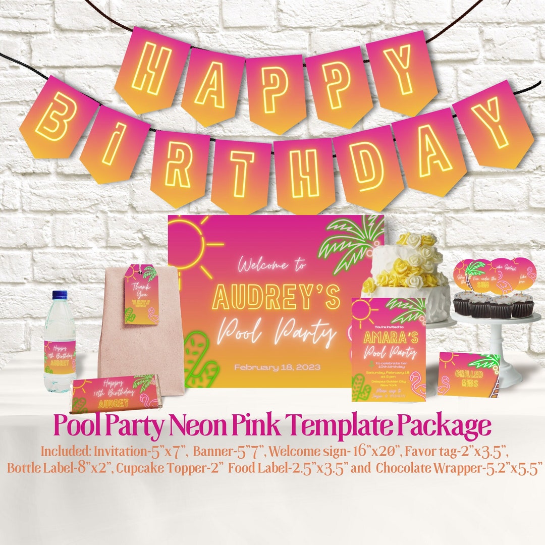 Pool Party Neon Pink Party Editable Digital Canva Template Package ...