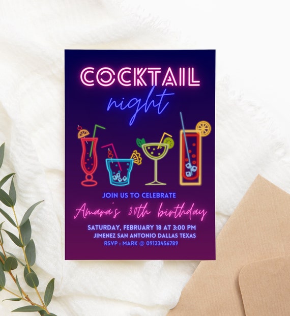 Cocktail Night Birthday Invitation Canva Template - Etsy