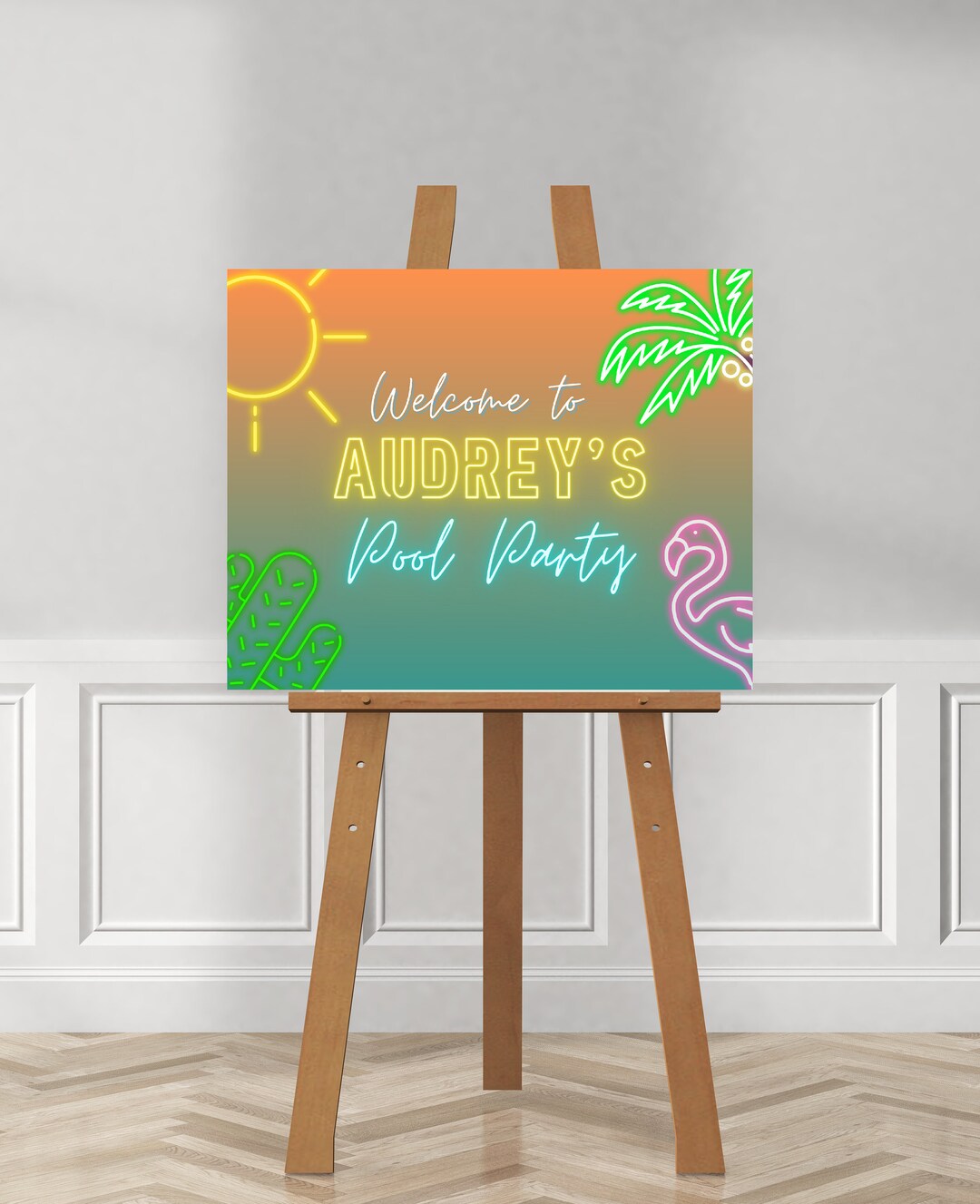 Pool Party Neon Welcome Sign Digital Canva Template - Etsy