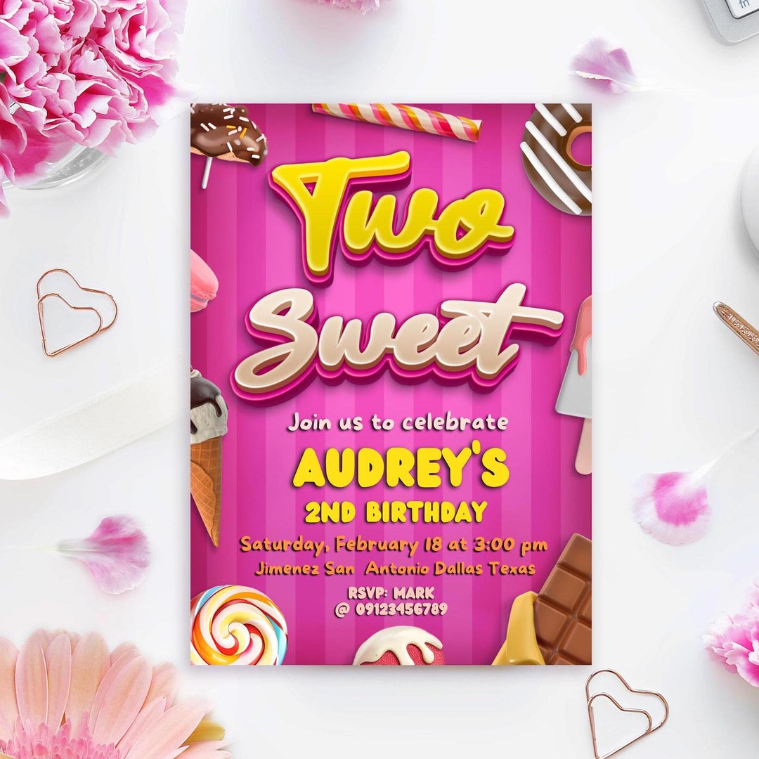 Two Sweet Celebration Girl Second Birthday Digital Canva Invitation ...