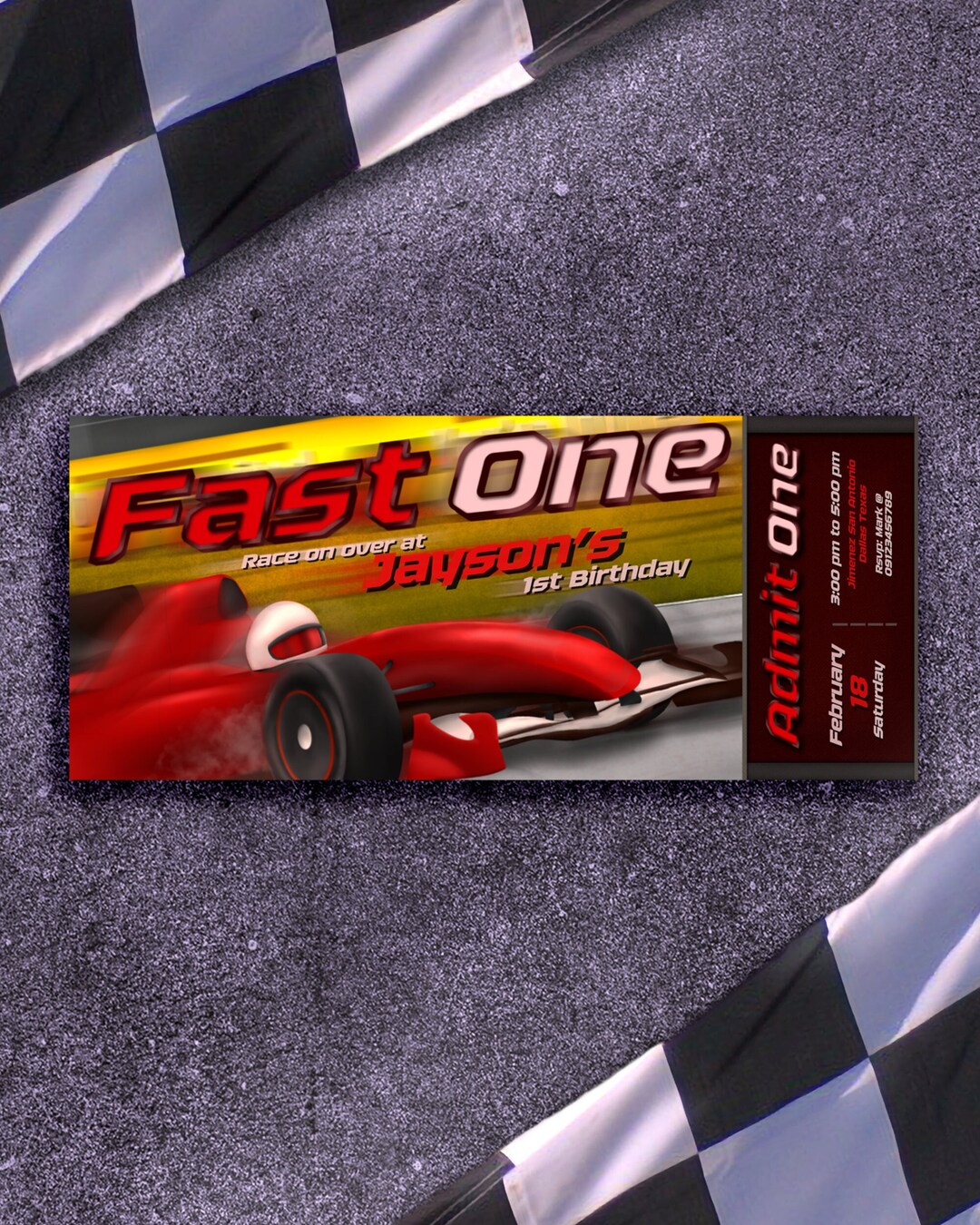 Fast One Racing Car Digital Editable Boy 1st Birthday Ticket Invitation ...