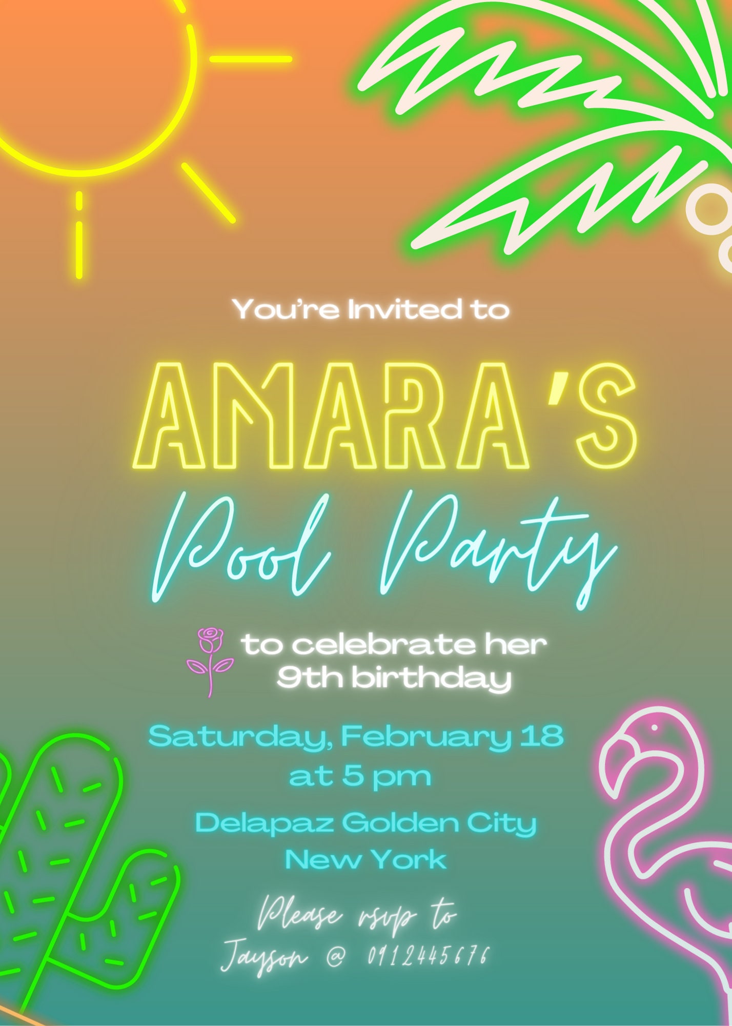 Pool Party Neon Invitation Digital Invitation Canva Template Mobile ...