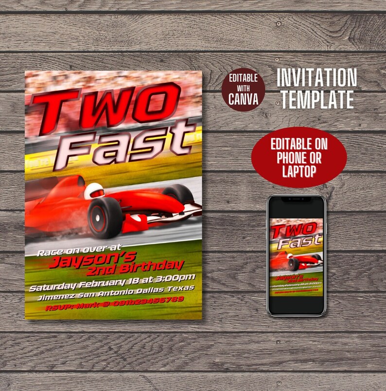 Two Fast Racing Car Digital Editable Boy 2nd Birthday Invitation Canva ...