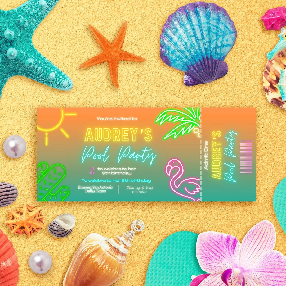 Pool Party Neon Digital Ticket Editable Birthday Invitation Canva ...