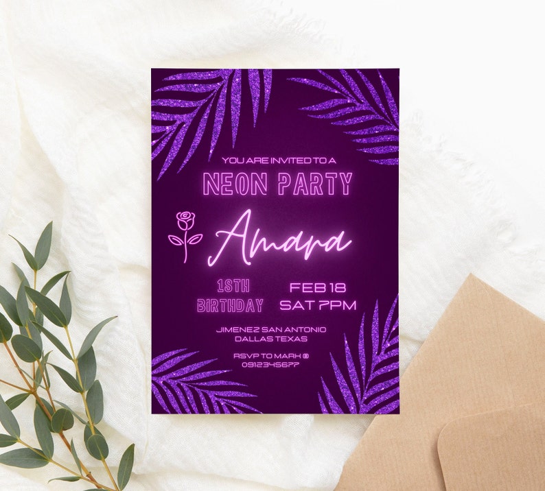 Neon Party Invitation Canva Template - Etsy