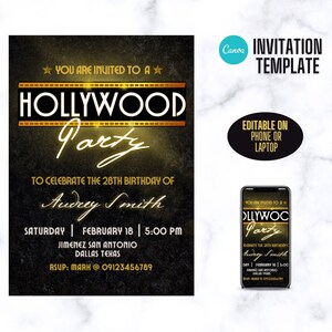 Hollywood Party Invitation Canva Template - Etsy