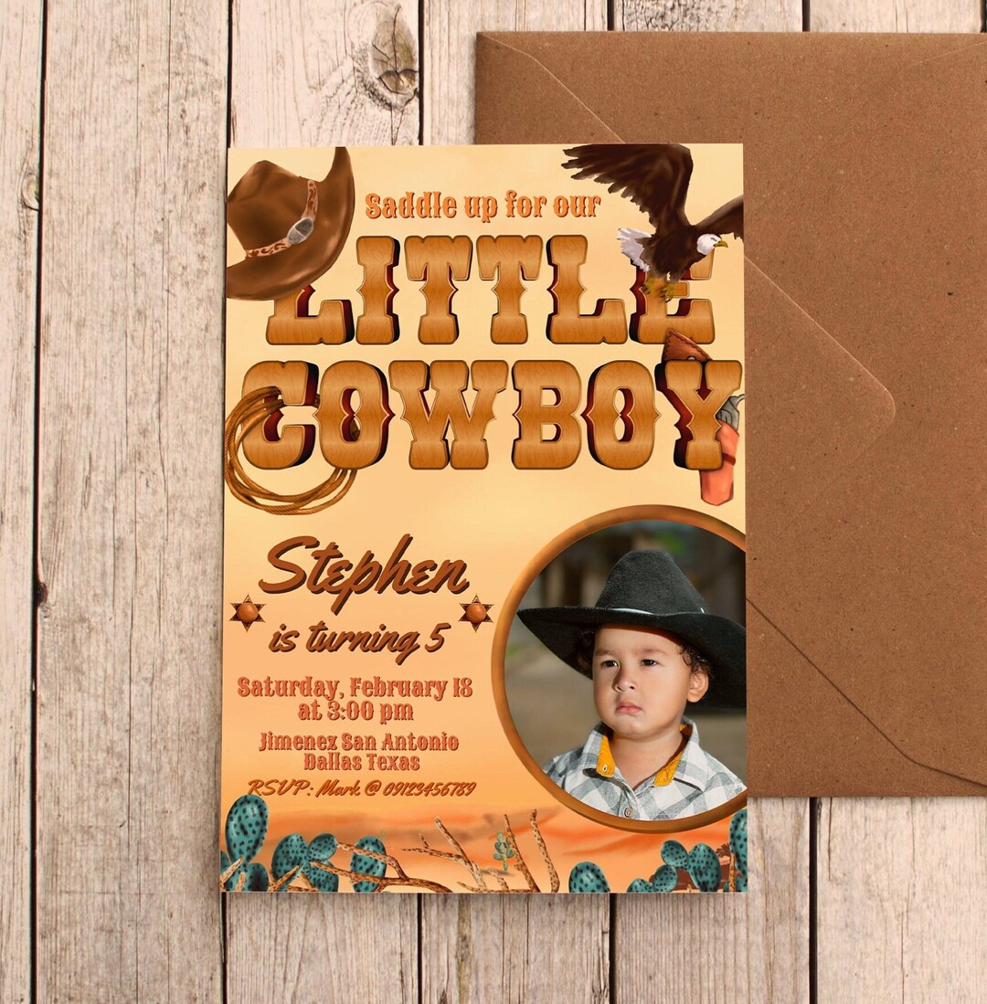 Little Cowboy Rodeo Boy Birthday Digital Editable Invitation With Photo ...