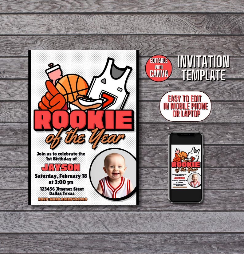 Rookie of the Year - Boy First Birthday Digital Editable Invitation ...