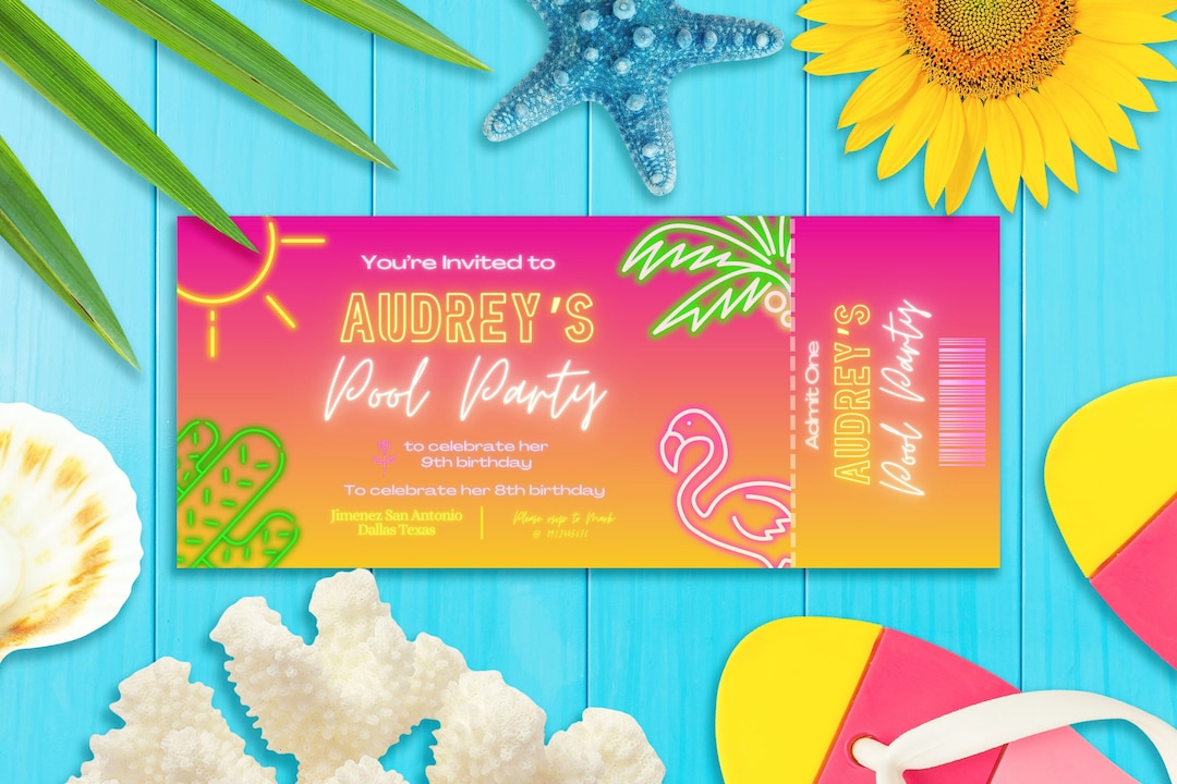 Pool Party Pink Neon Digital Ticket Editable Birthday Invitation Canva ...