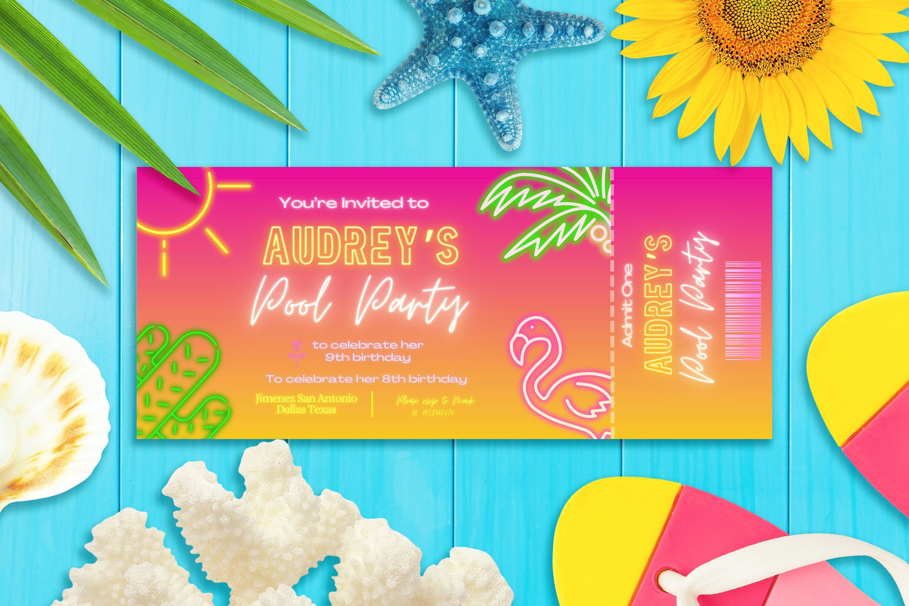 Pool Party Pink Neon Digital Ticket Editable Birthday Invitation Canva ...
