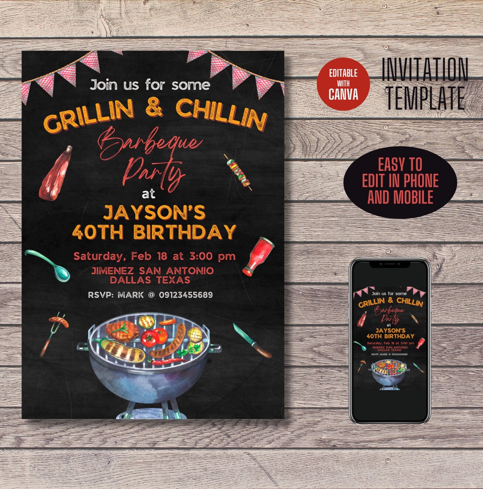 Grillin and Chillin Barbeque Party Invitation Canva Template - Etsy