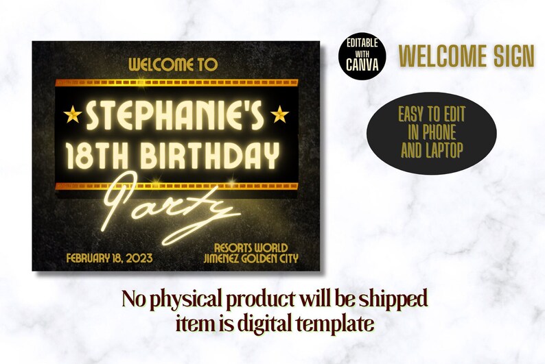Hollywood Party Welcome Sign Prom Night Digital Canva Template - Etsy