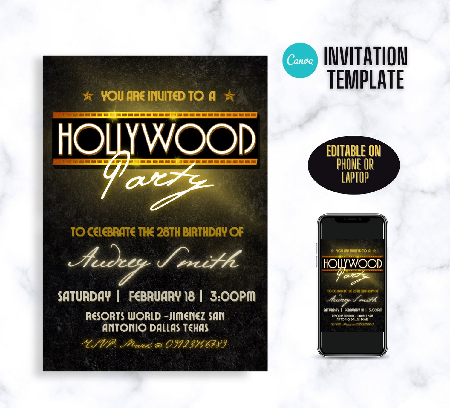 Hollywood Party Invitation Canva Template - Etsy