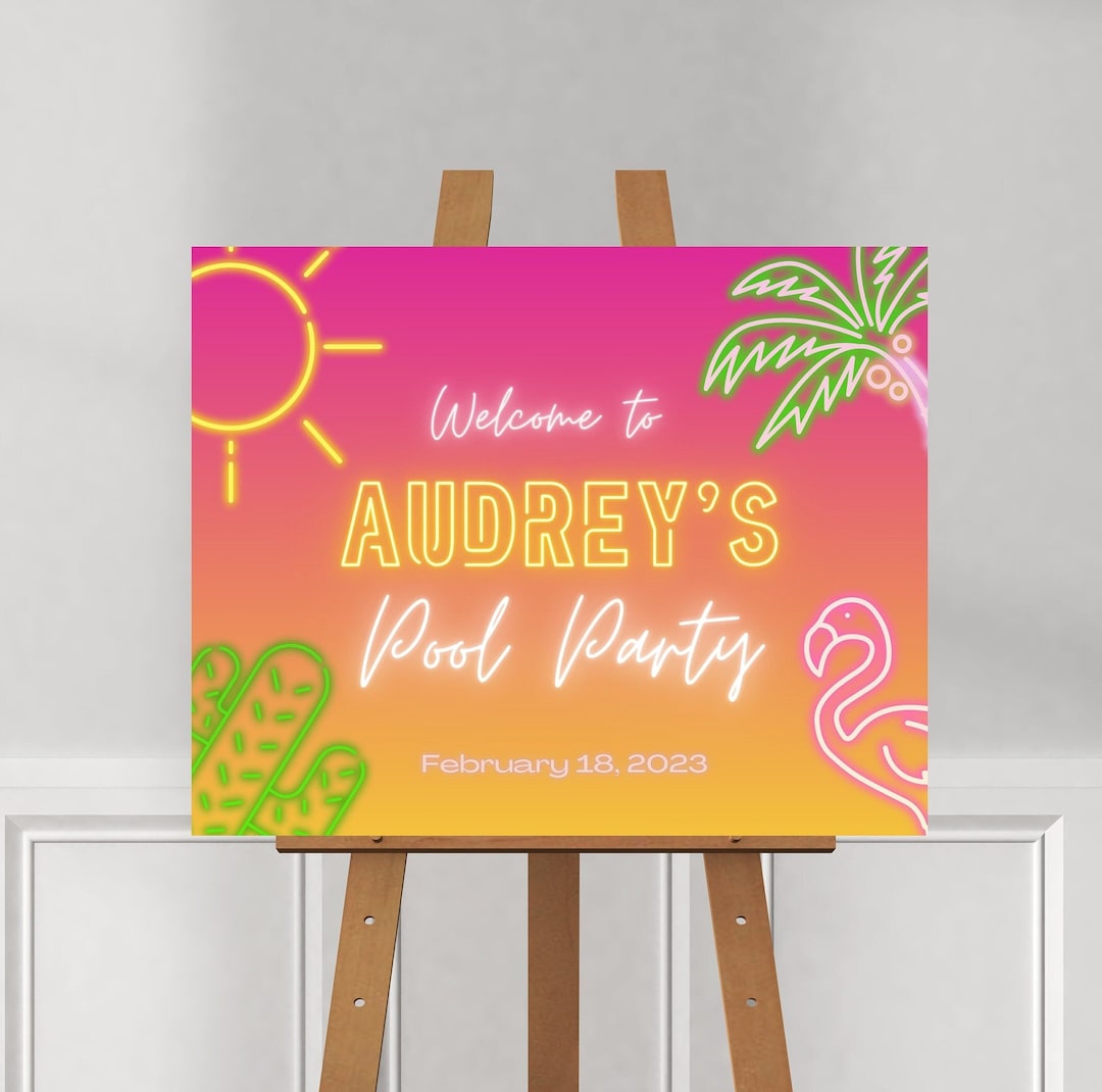 Pool Party Neon Pink Birthday Welcome Sign Editable Instant Download ...