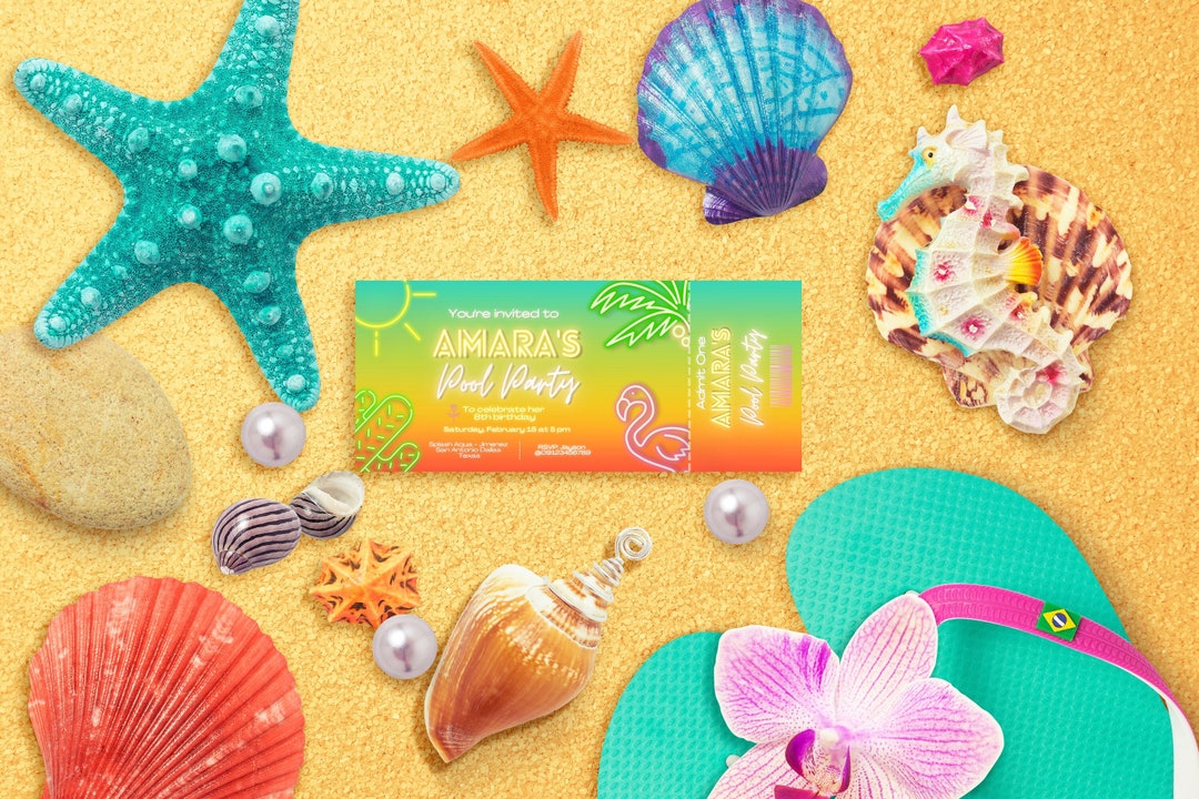 Pool Party Neon Digital Ticket Birthday Invitation Template - Summer ...