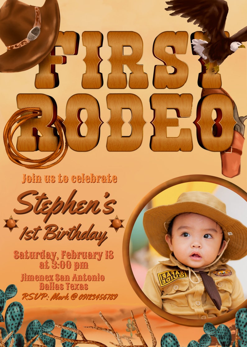 First Rodeo Cowboy Boy 1st Birthday Digital Editable Invitation With ...