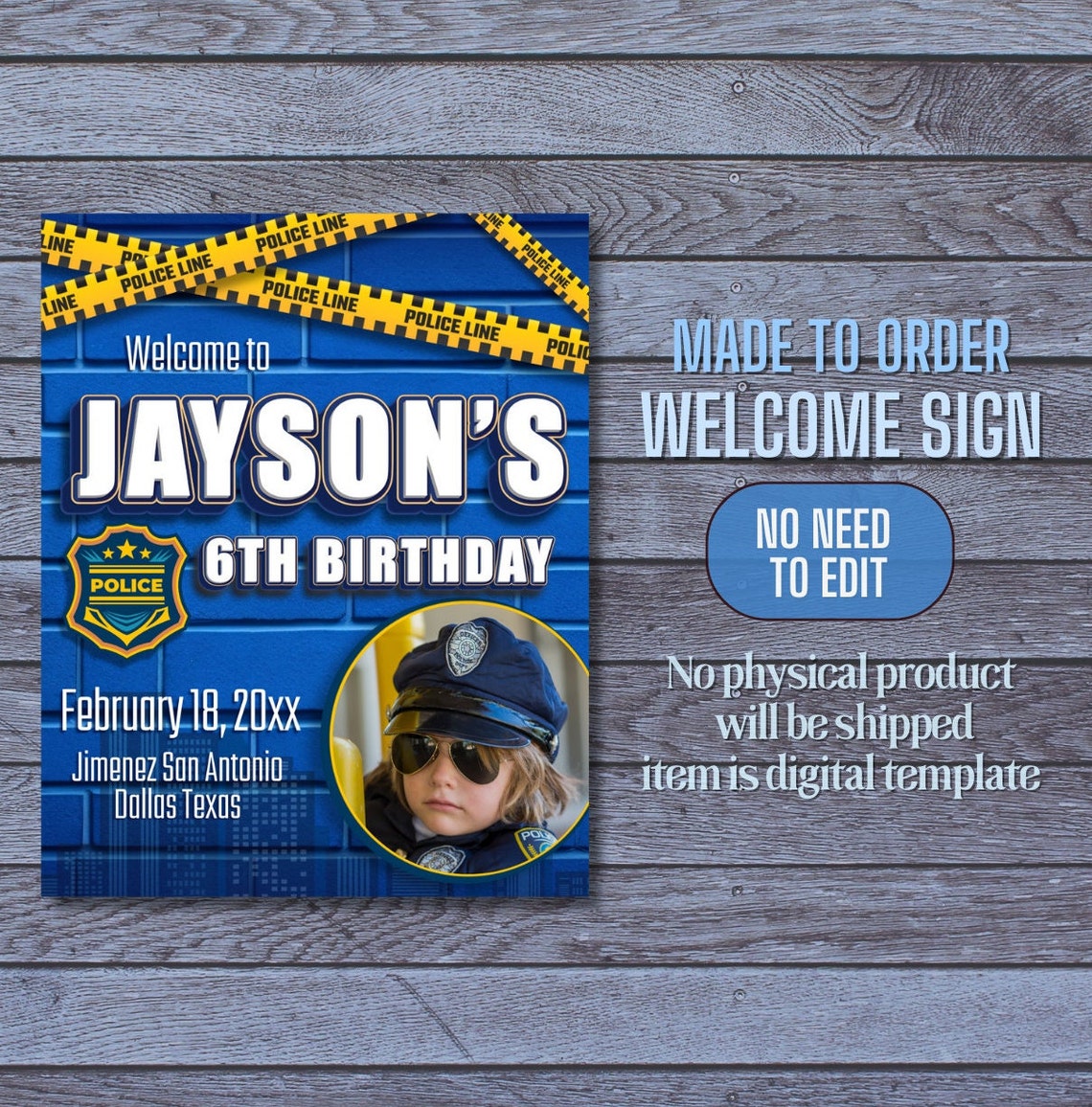 Police Boy Birthday Party Digital Welcome Sign With Picture - Made to ...