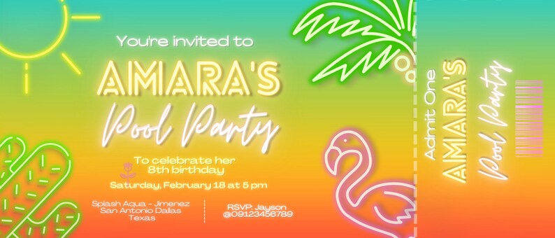 Pool Party Neon Digital Ticket Birthday Invitation Template Summer ...