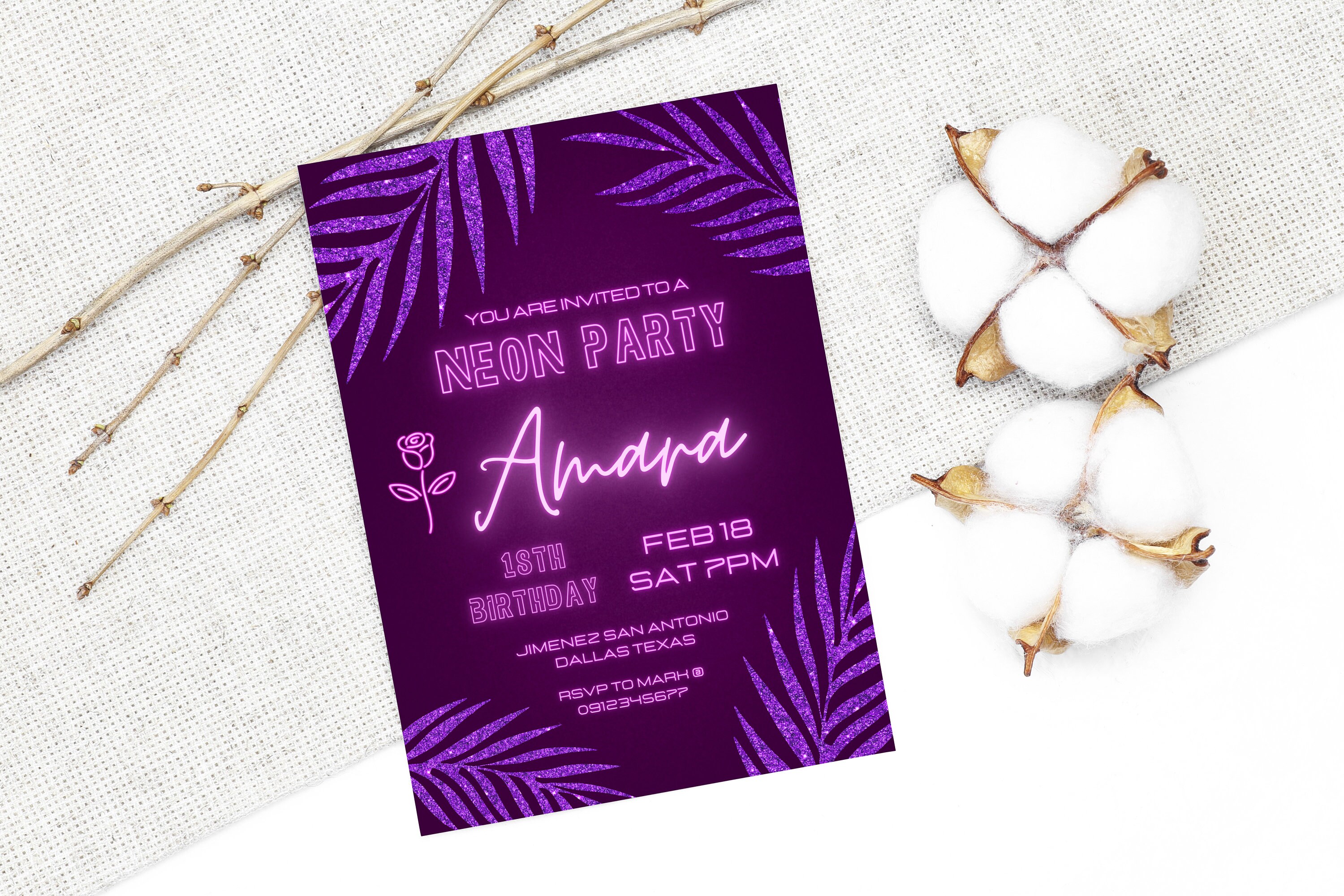 Neon Party Invitation Canva Template - Etsy