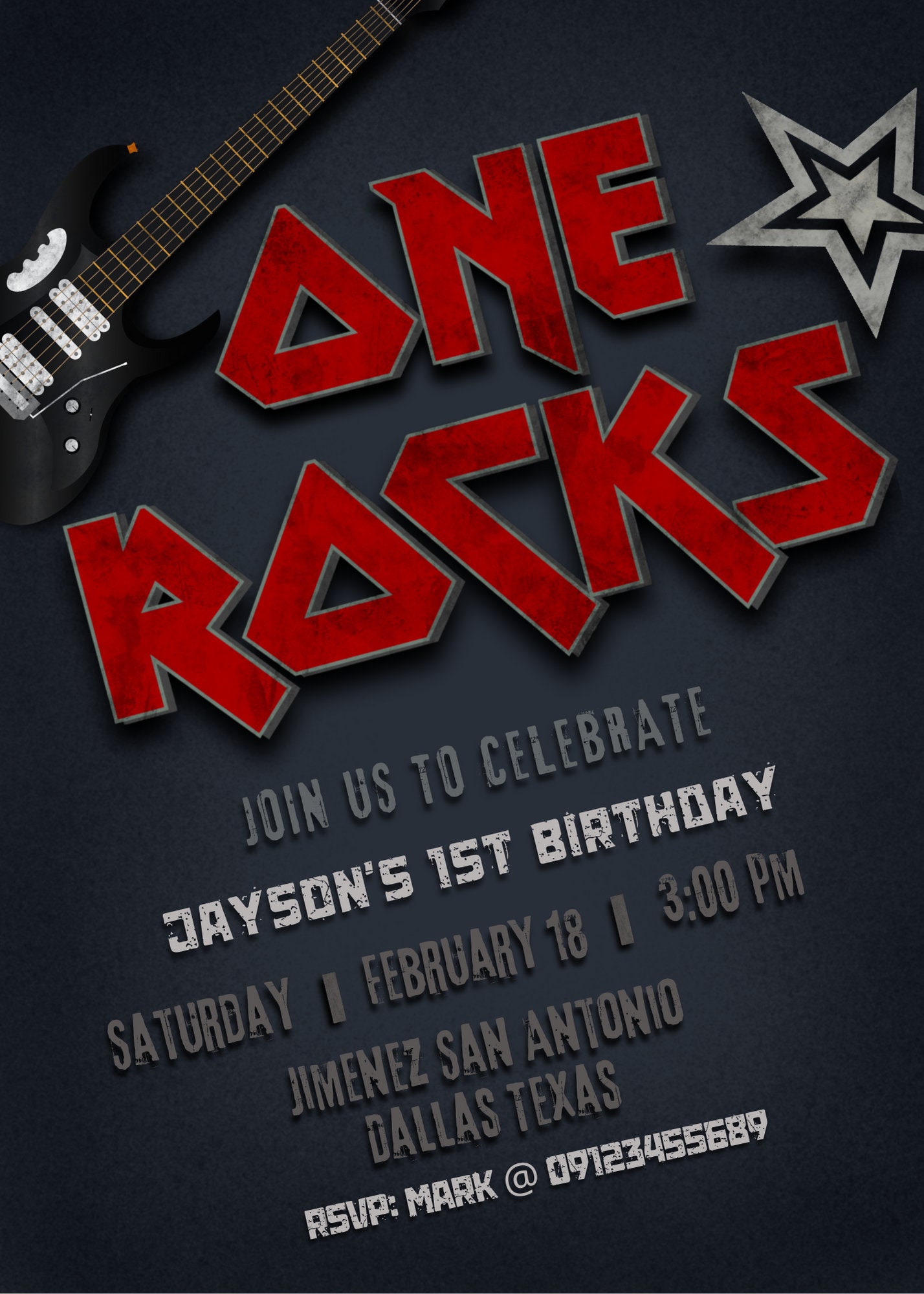 One Rocks Rocked One Year Rock and Roll 1st Birthday Invitation Canva ...