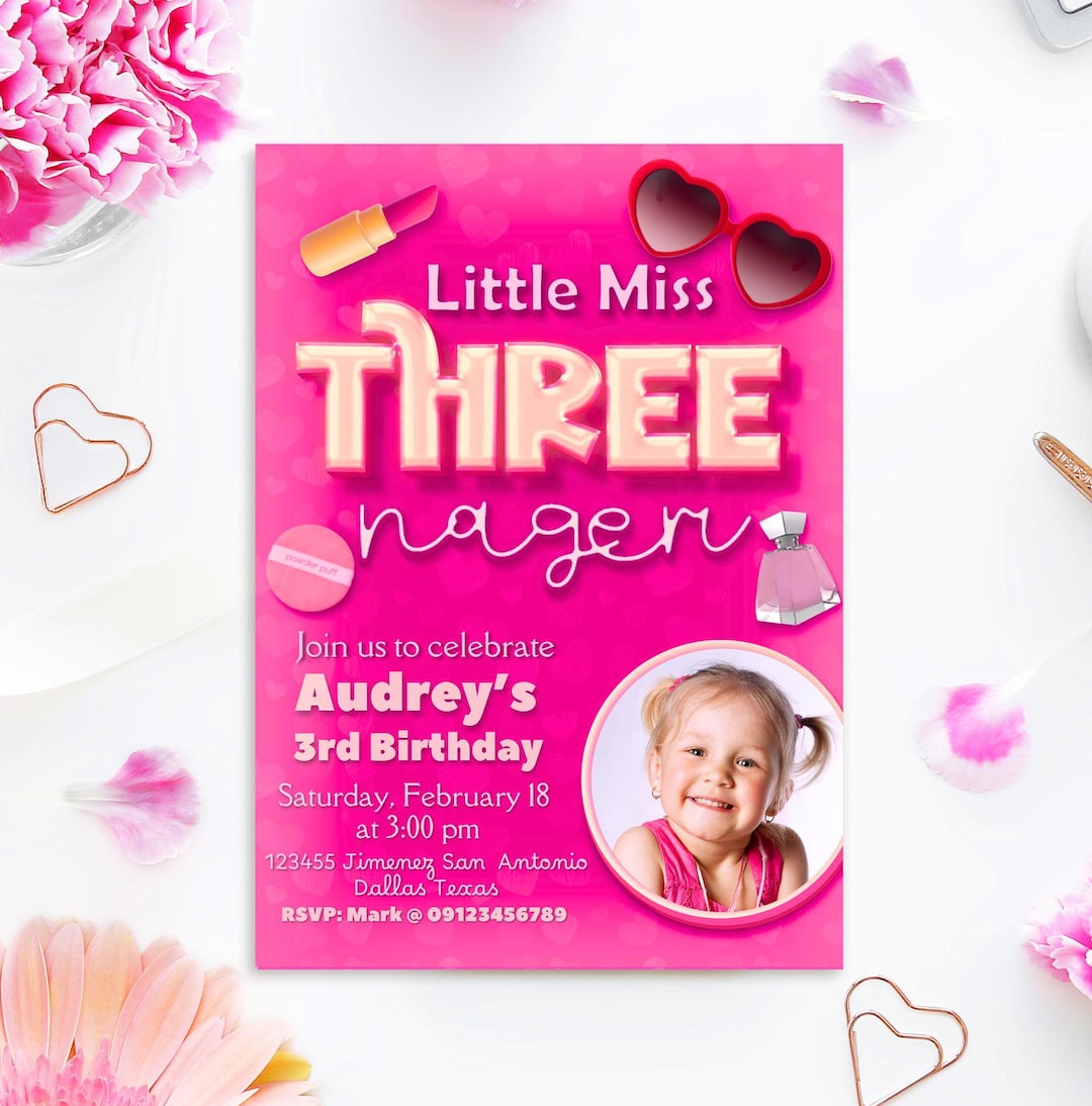 Little Miss Threenager Girl 3rd Birthday Digital Invitation With Photo ...