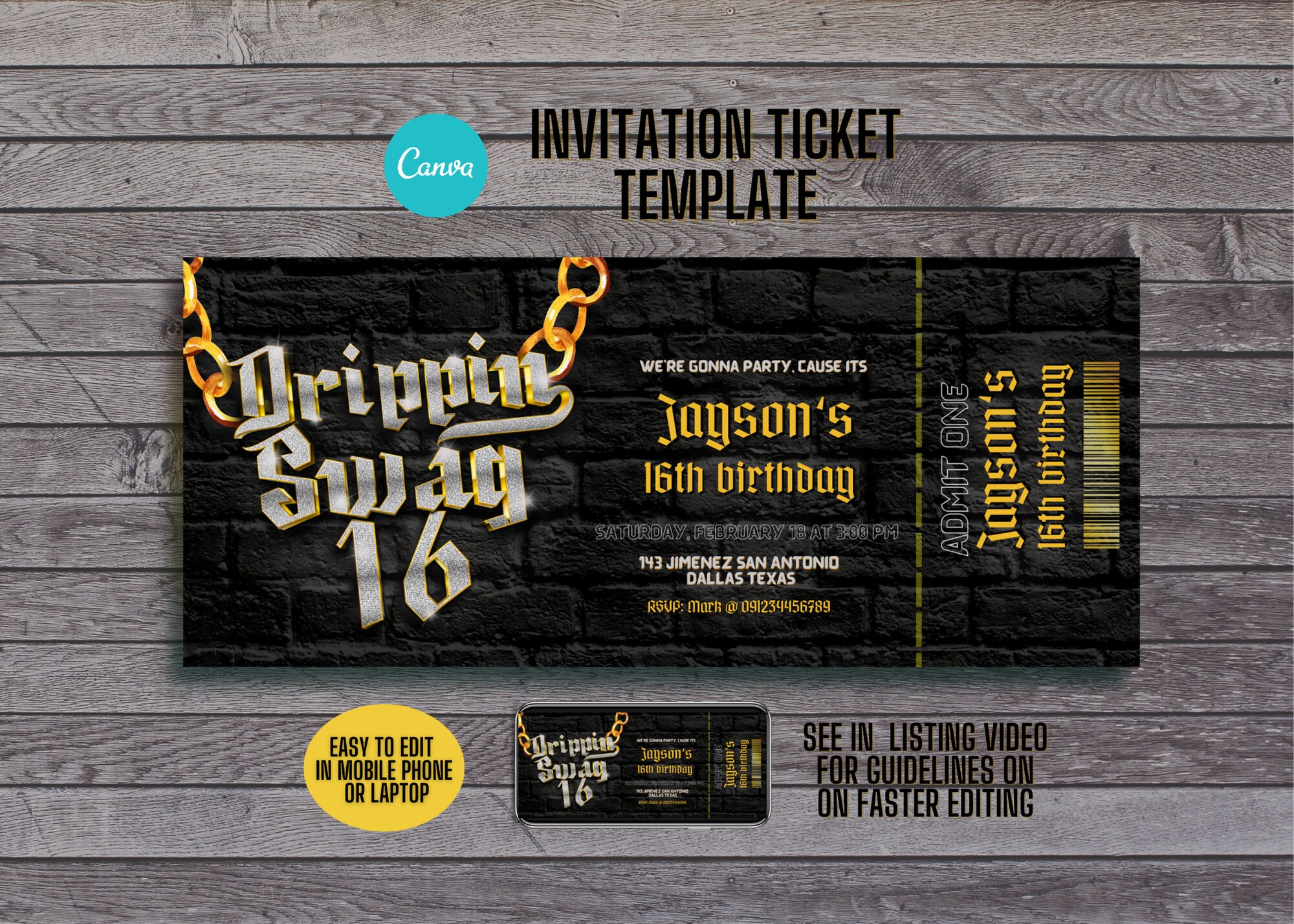 Drippin Swag 16 Boy 16th Birthday Hiphop Theme Digital Editable Ticket ...
