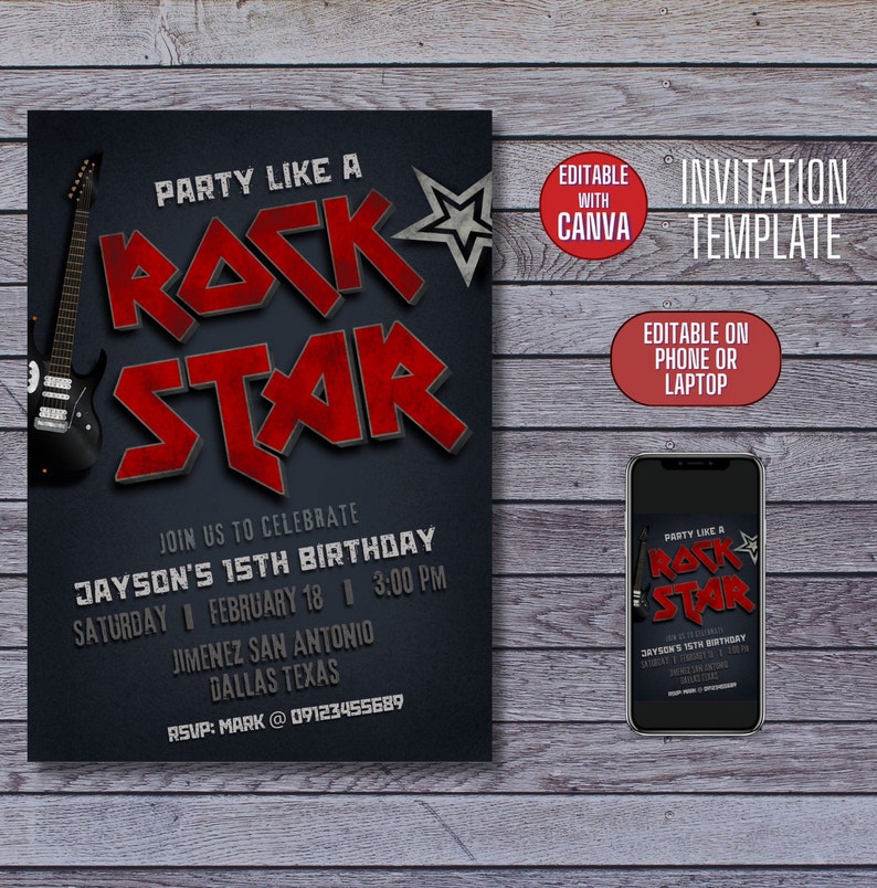 Rockstar Birthday Rockstar Themed Rocker Digital Editable Invitation ...