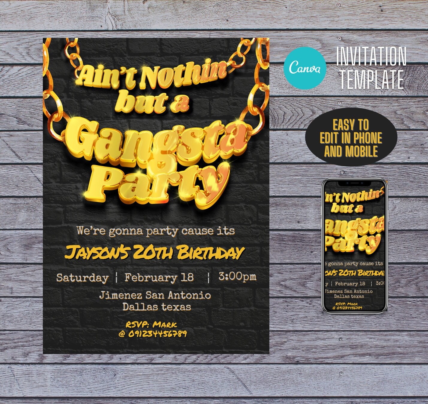 Gangsta Party Hiphop Theme Invitation Canva Template - Etsy
