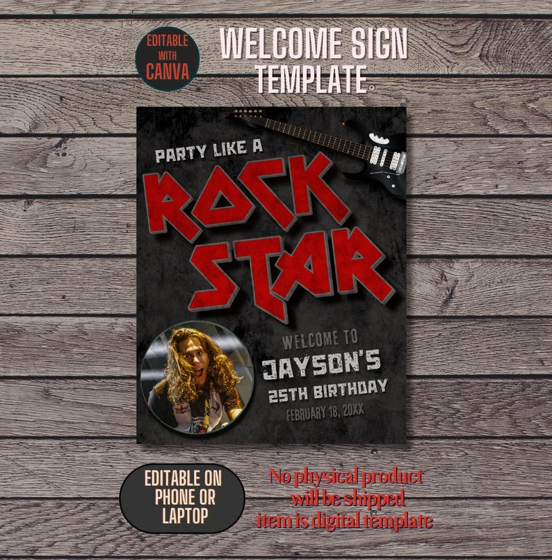 Rockstar Birthday Themed Rocker Digital Editable Welcome Sign With ...