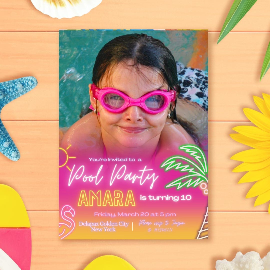 Pool Party Pink Neon Invitation With Picture Minimalist Digital ...