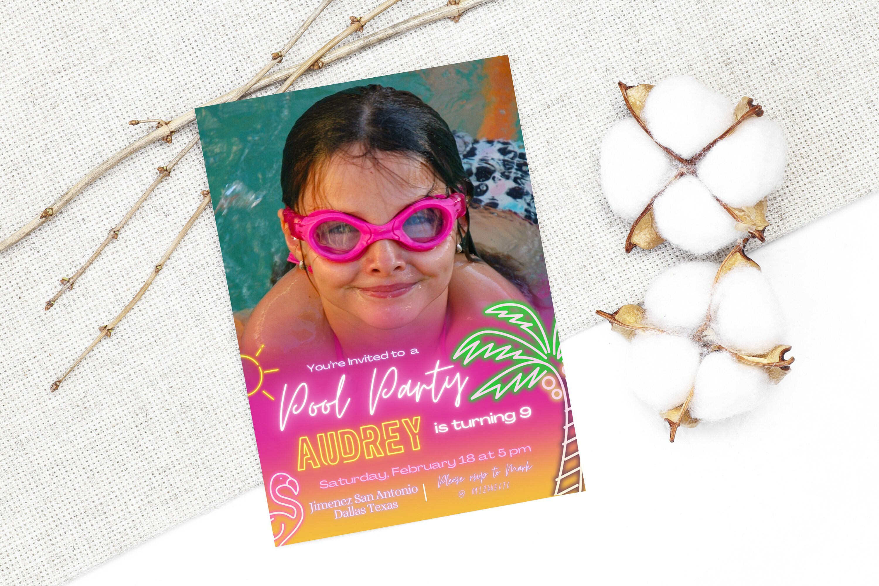 Pool Party Pink Neon Invitation With Picture Minimalist Digital ...