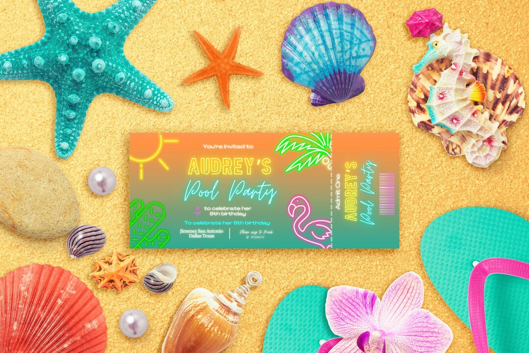 Pool Party Neon Digital Ticket Editable Birthday Invitation - Etsy